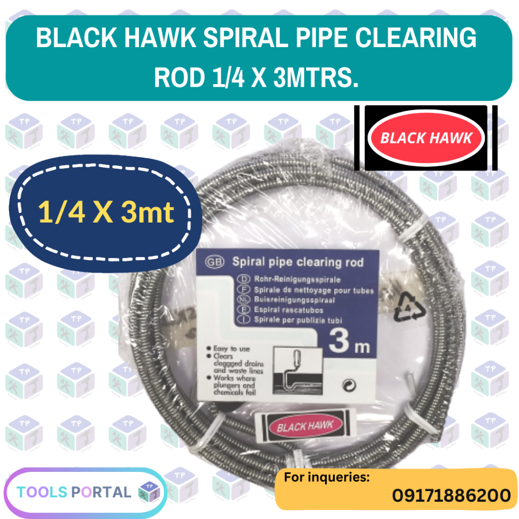BLACK HAWK SPIRAL PIPE CLEARING ROD / DRAIN AUGER 1/4" x 3 METERS, 5 ...