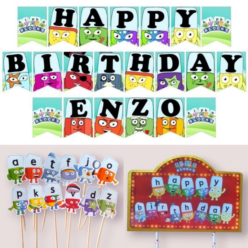AlphaBlocks Theme Birthday Party Banner Cake Cupcake Topper Decoration ...