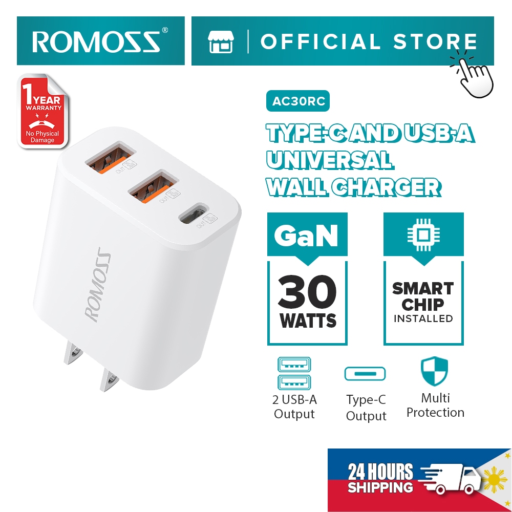 Romoss Ac30t Pd30w Super Fast Charging USB Type C Dual Charger Adapter ...