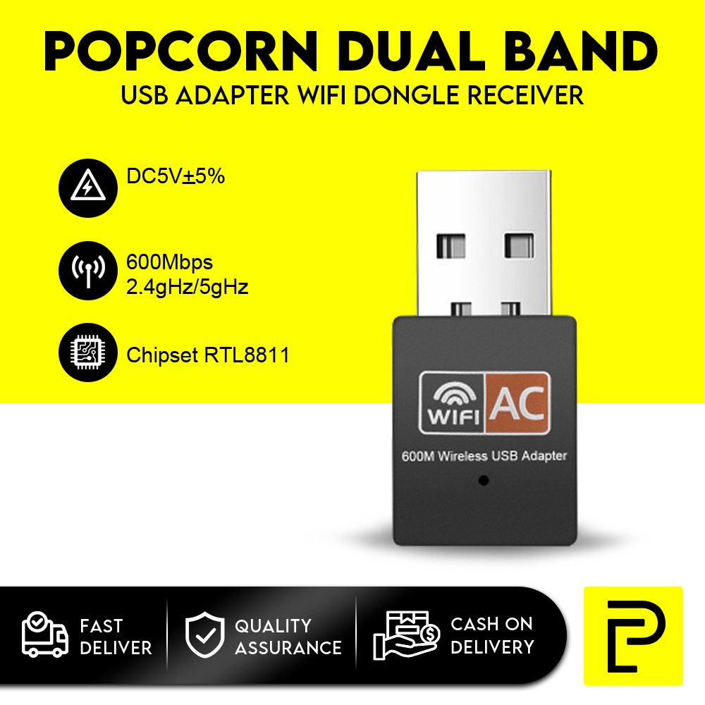 Popcorn Dual Band USB Adapter 600Mbps 2.4GHz 5GHz 802.11ac Mini WiFi ...