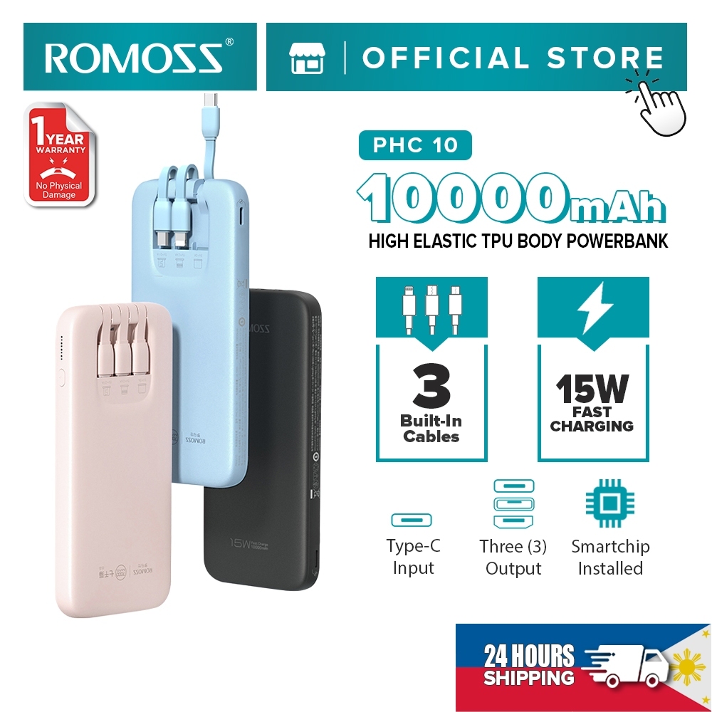 ROMOSS PHC10 10000mAh 15W Powerbank with Cord Built in Light ning / Type-C / Micro USB | Shopee ...