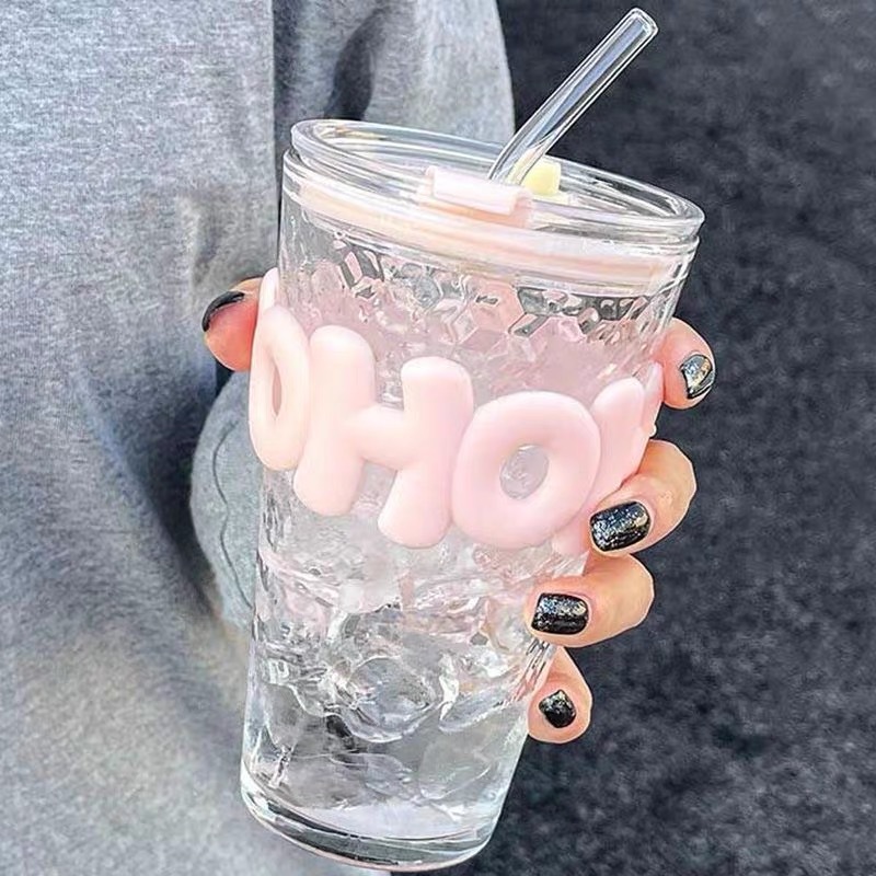 HOHO Aesthetic Cute Glass Mug Cup Tumbler Drinkware Coffee Mug with Lid ...