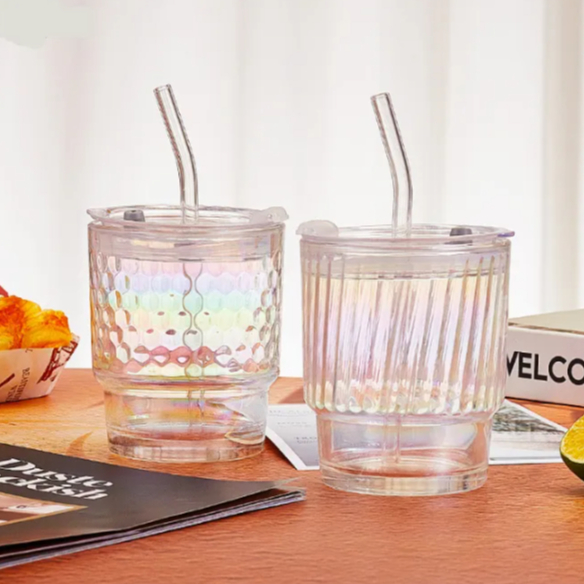 Transparent Bubble Tea Cup 420ml Glass Cup With Lid and Straw Juice ...