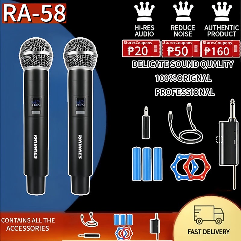 RA-58 Original Wireless Microphone dual handheld mic karaoke plug and ...