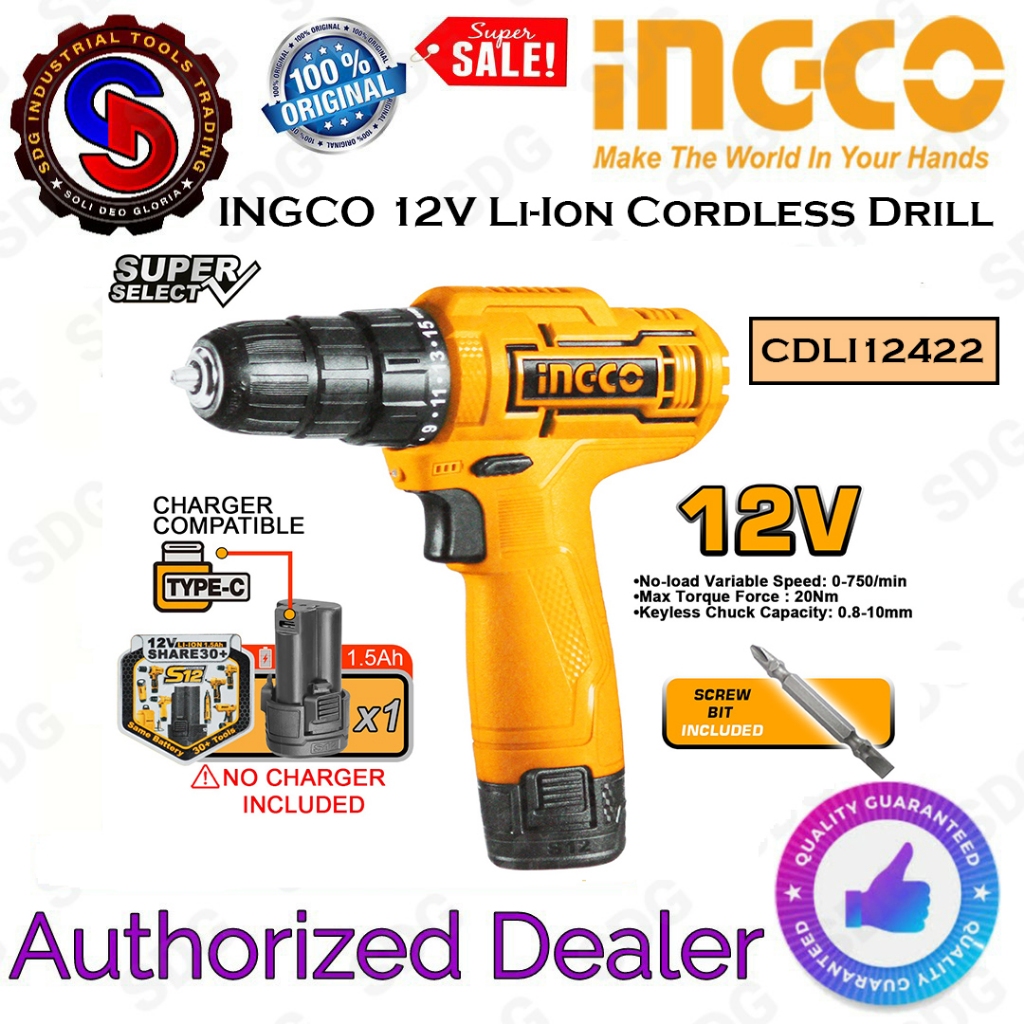 INGCO 12V Li-Ion Cordless Drill (CDLI12422) (SUPER SELECT) | Shopee ...