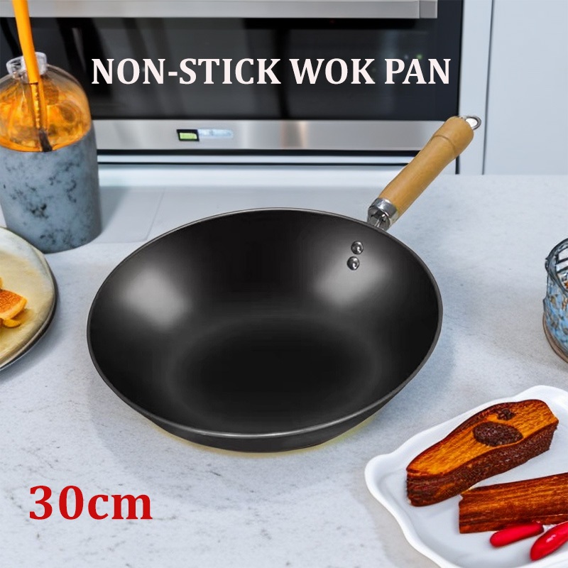 Kawali Non-stick Iron Wok Pan with Wooden Handle 30cm | Shopee Philippines