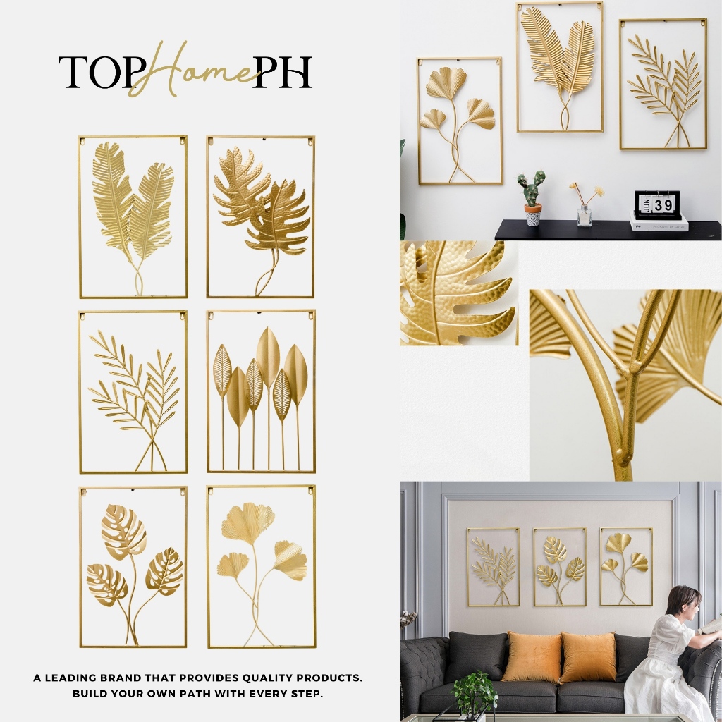 TOP HOME PH Metal Wall Decor with Square Frame Leaf Art Gold living ...