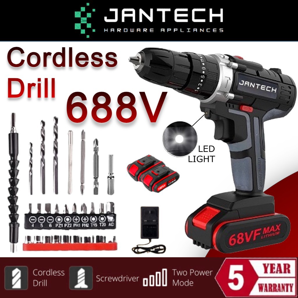 JANTECH 688V Cordless Hammer Drill - Precision Impact and Screw Drill with Li-ion with 2 Battery ...