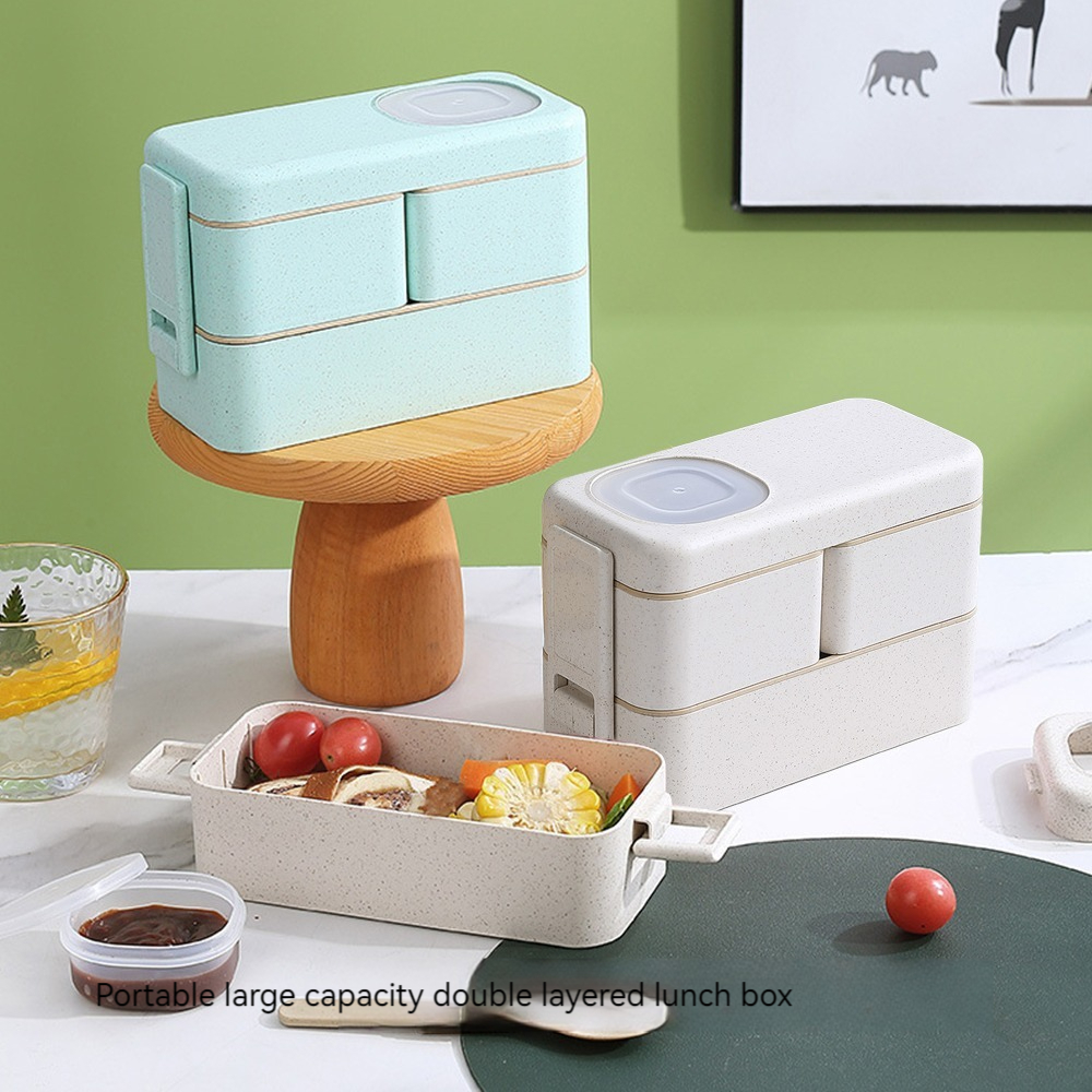 Double layer bento box wheat straw lunch box multi-purpose student ...