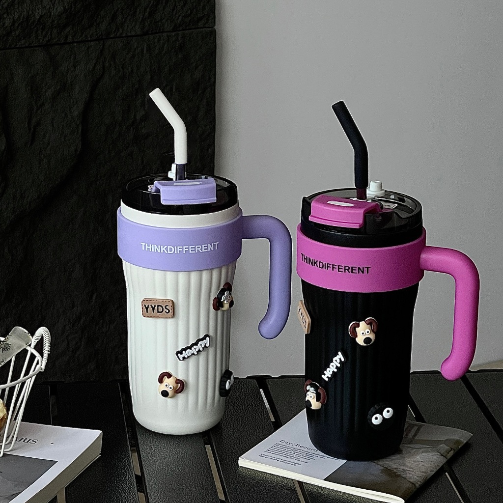 860ml Handle Cup 316 Stainless Steel Insulated CupIce Cream Cup Thermal Straw Cup Water Bottle ...