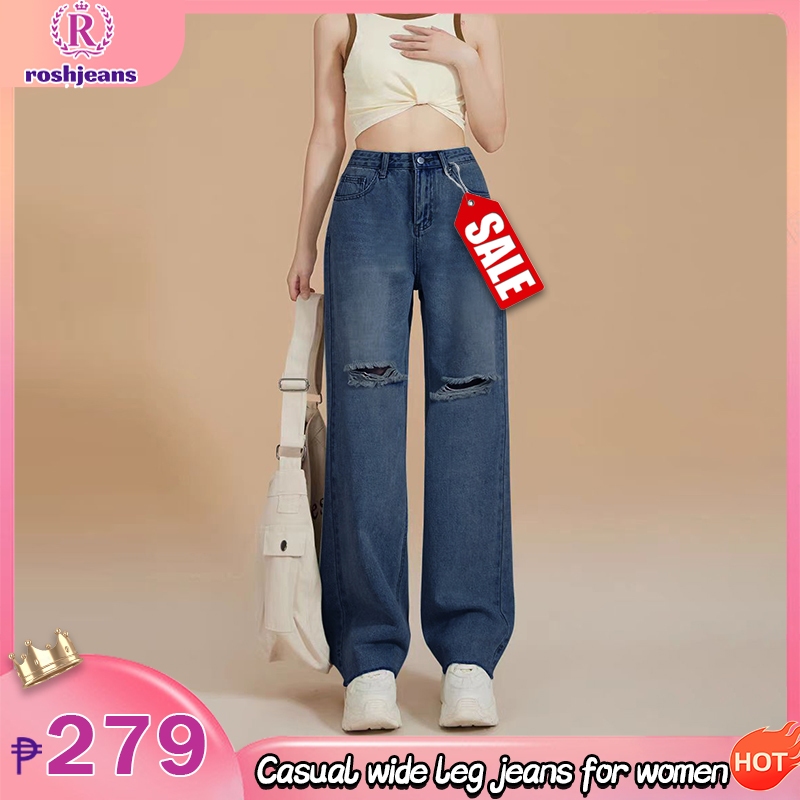 Rosh_Jeans Retro Denim pants Tattered jeans Korean straight Cut High ...