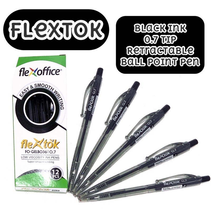 1BOX 12PCS FLEXOFFICE FLEXTOK RETRACTABLE PEN FO-GEL BLACK BALLPEN 0.7 ...