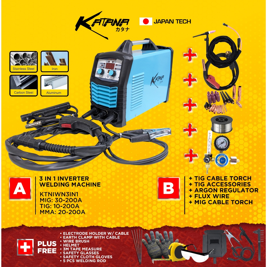 KATANA Japan Tech 3 in 1 Inverter Welding Machine MMA Arc/MIG/TIG 200A ...