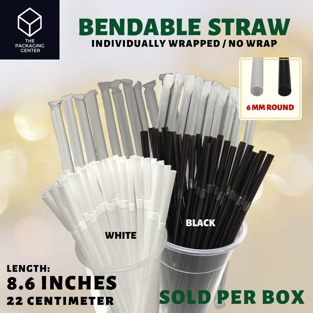 [50 PACKS] Bendable Straw BLACK | WHITE | Plastic Straw (Individually ...