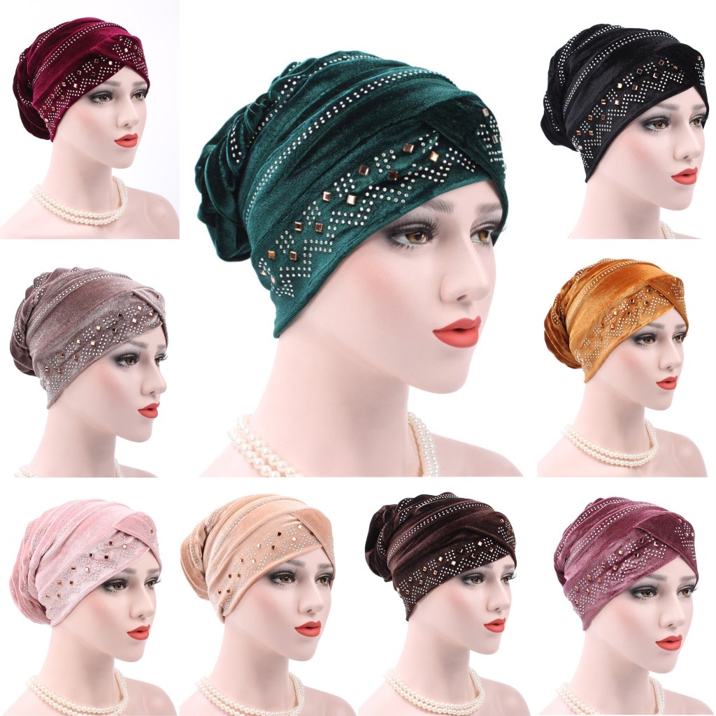 Gold Velvet Inner Hijabs Muslim Turban Caps For Women With Drill Ethnic ...