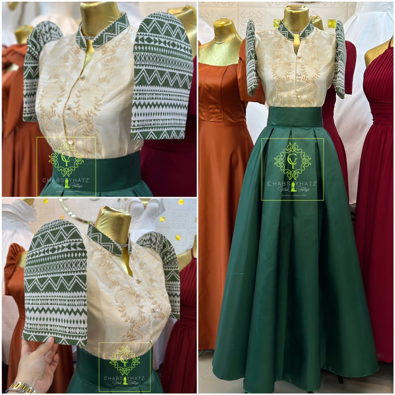 Modern Filipiniana emerald green Ethnic inabel Imelda Sleeves Top and ...