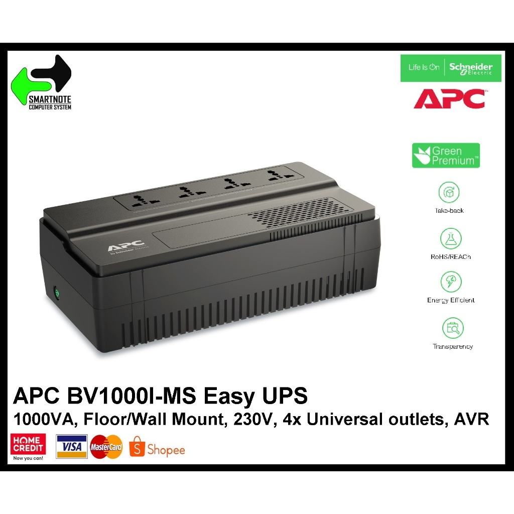 APC BV1000I-MS Easy UPS, 1000VA, Floor/Wall Mount, 230V, 4x Universal outlets, AVR | Shopee ...