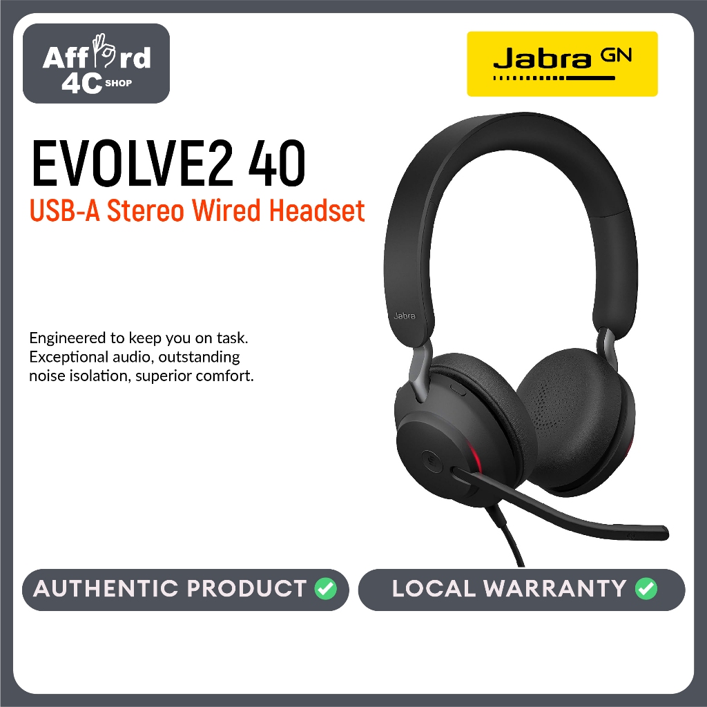 Jabra Evolve2 40 Stereo Wired Headsets USB-A Passive Noise Cancelling ...