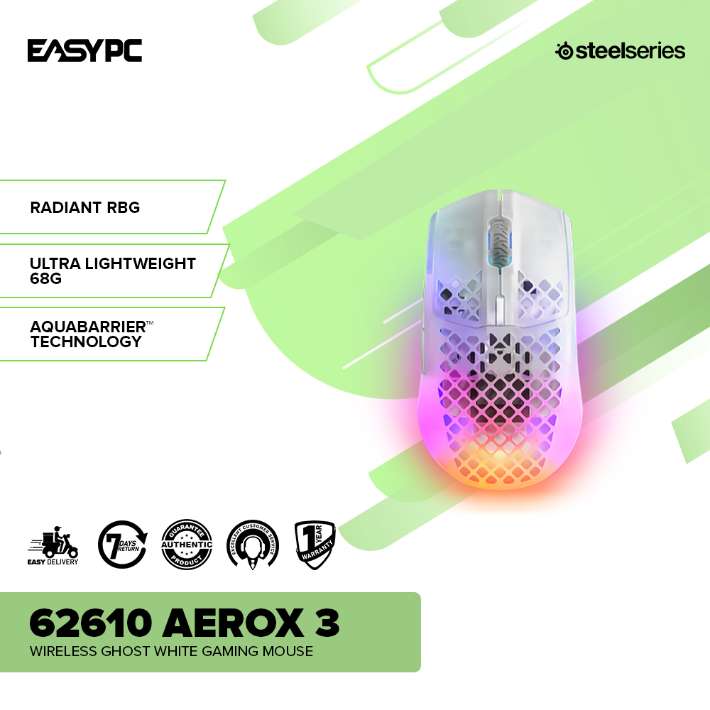 EasyPC| SteelSeries 62610 Aerox 3 wireless gaming mouse| Ghost White| Optical| Ultra Lightweight ...