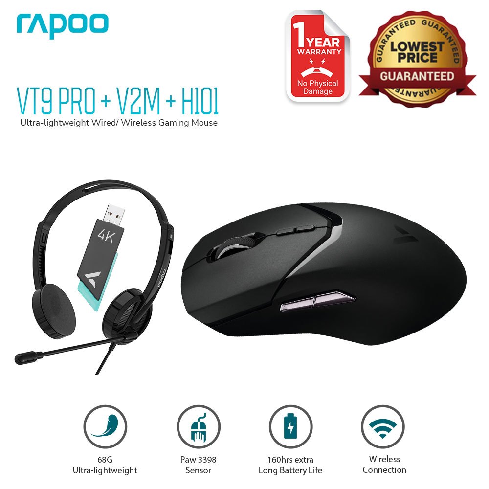 Rapoo VT9Pro Gaming Wireless Mouse + H101 Wired Headset + V2M Wireless Gaming Mouse Receiver Set ...