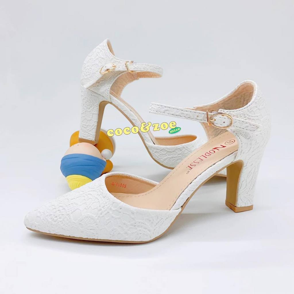 Women Pointed Closed Toe Ankle Strap Block Heel Sandals White Wedding ...