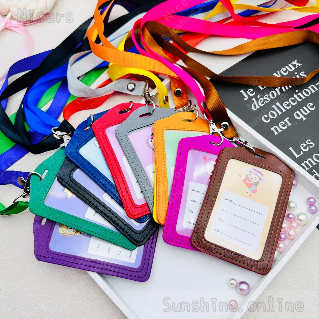 Plain15mm ID Sling Holder Lanyards with Leather ID Card Holder | Shopee ...