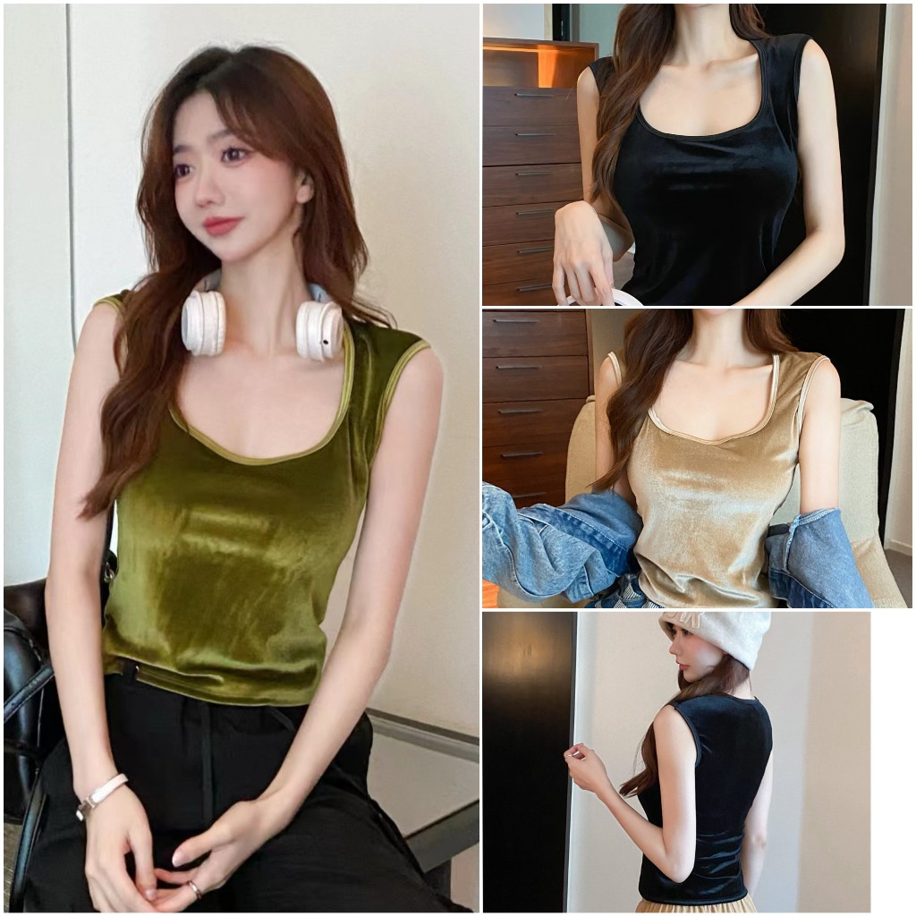 2024 Velvet Plain OOTD Tank Top Velvet Crop Top Vest Top | Shopee ...