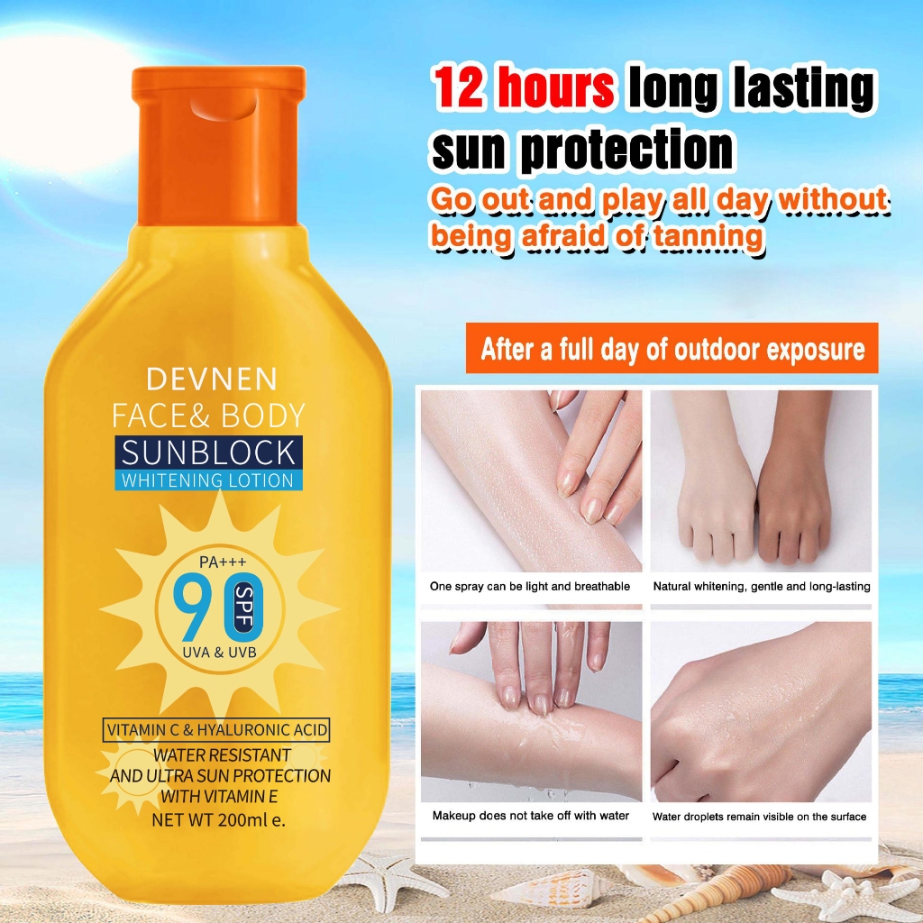 DEVNEN SPF90+ Sunscreen Lotion Face & Body Whitening Sunblock CreamLong ...