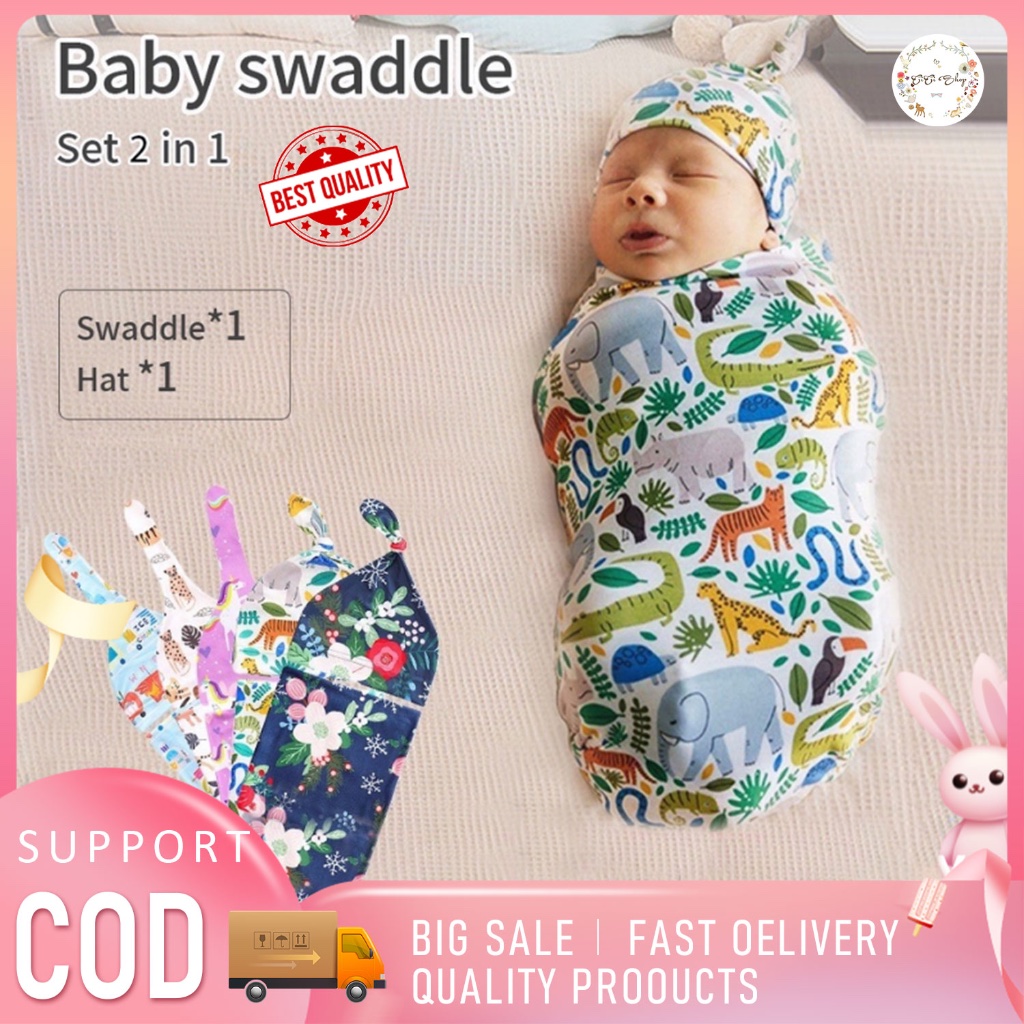 CICI Ins Baby Cute Cotton Swaddle With Hat Set Blanket Newborn ...