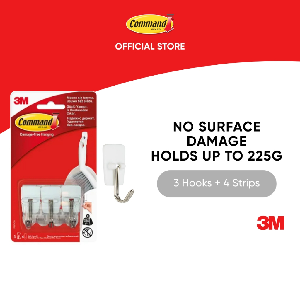 3M™ Command™ Small Wire Hooks 17067, 3 Hooks + 4 Strips, Holds up to ...