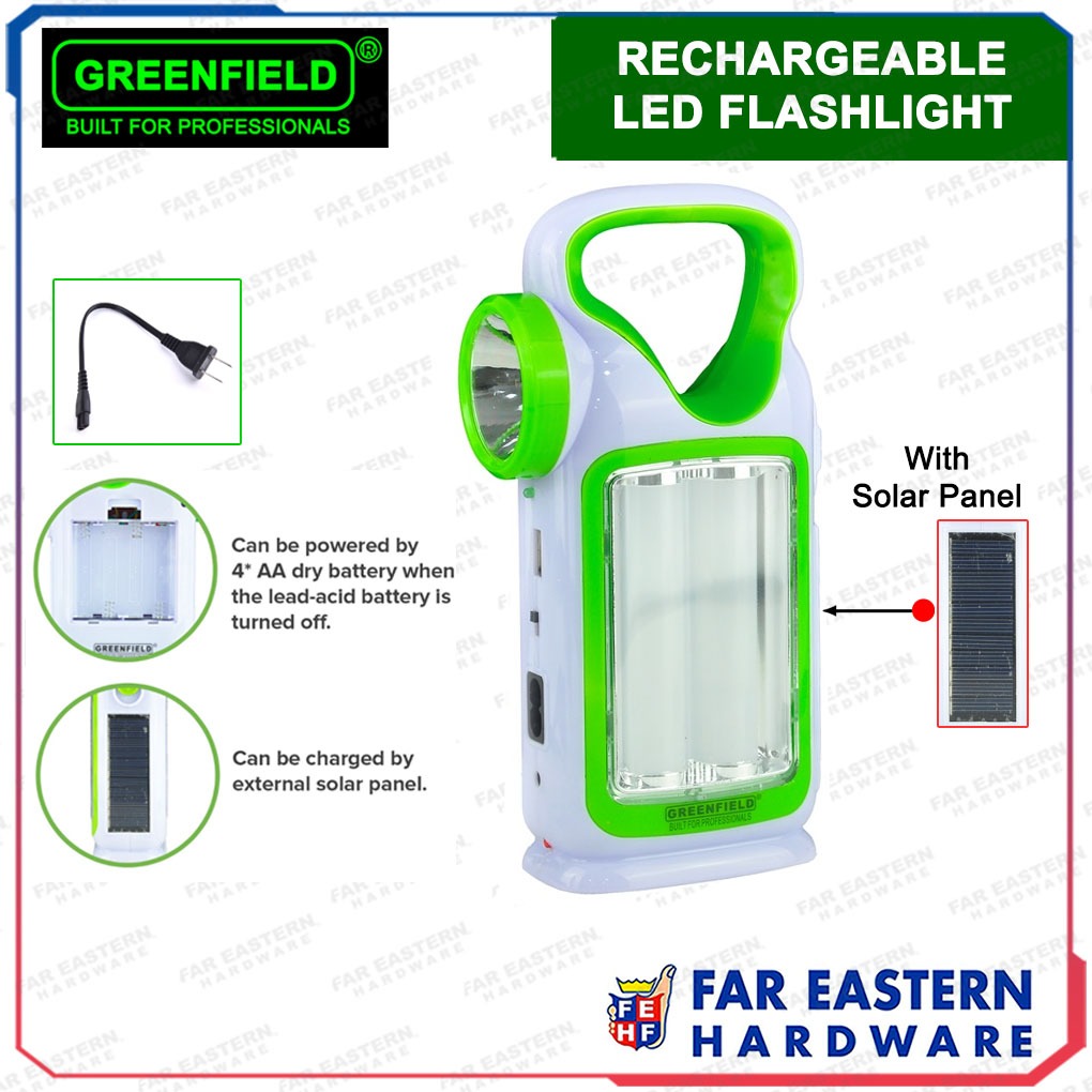 GREENFIELD Rechargeable LED Flashlight Portable Torch w/ Solar Panel 21 ...