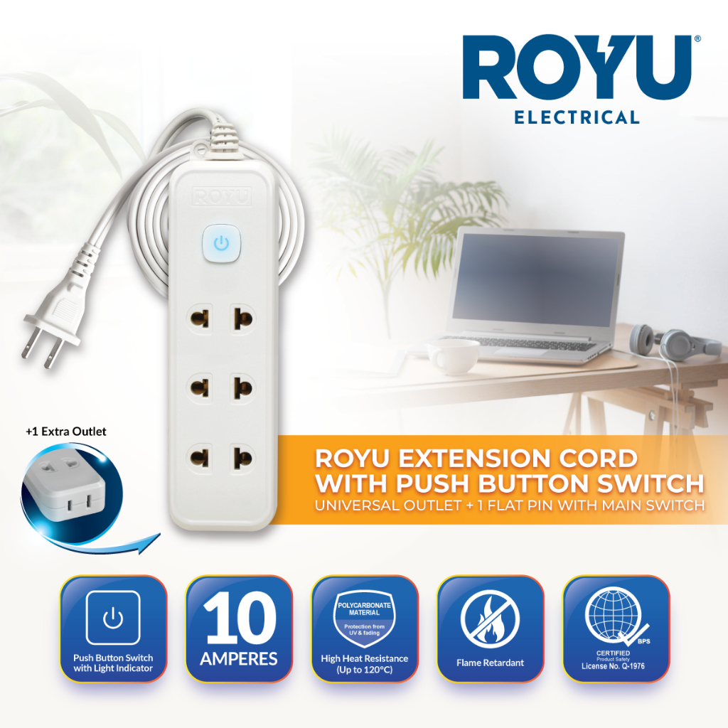 ROYU 3+1 GANG Extension Cord with Push Button Switch (3M Extension ...