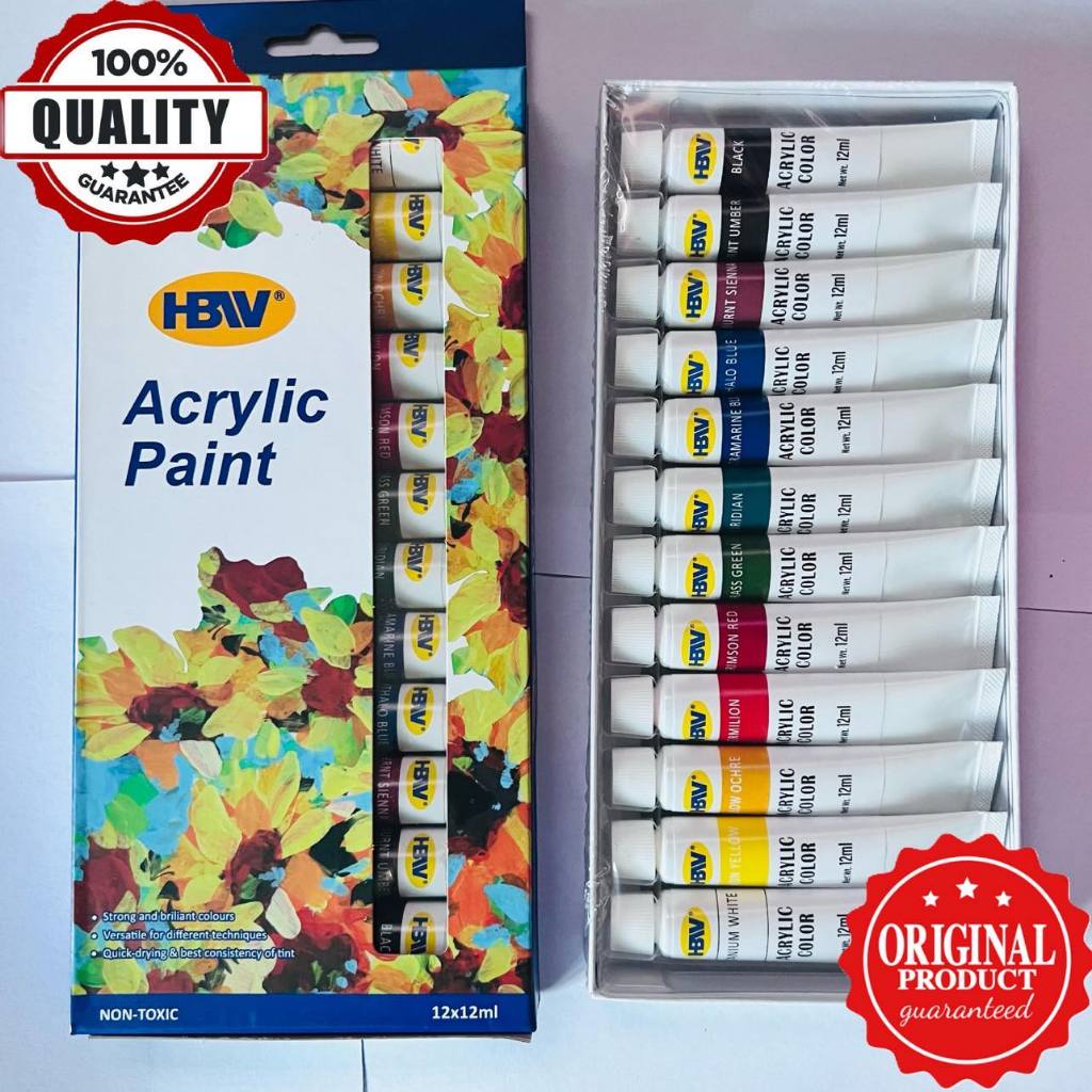 Acrylic Paint HBW Non-Toxic 12colors/12tubes (12ml/tube) (SOLD PER SET ...