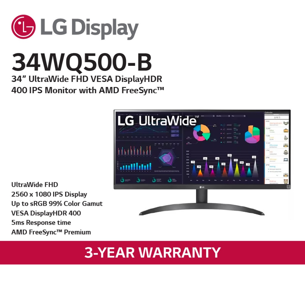 LG 34WQ500-B 34” UltraWide FHD VESA DisplayHDR 400 IPS Monitor with AMD ...