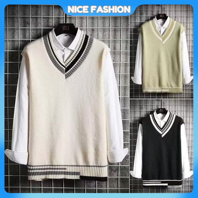 Knitted Vest For Men Sleeveless Stripe Printed Sweaters Korean Style ...
