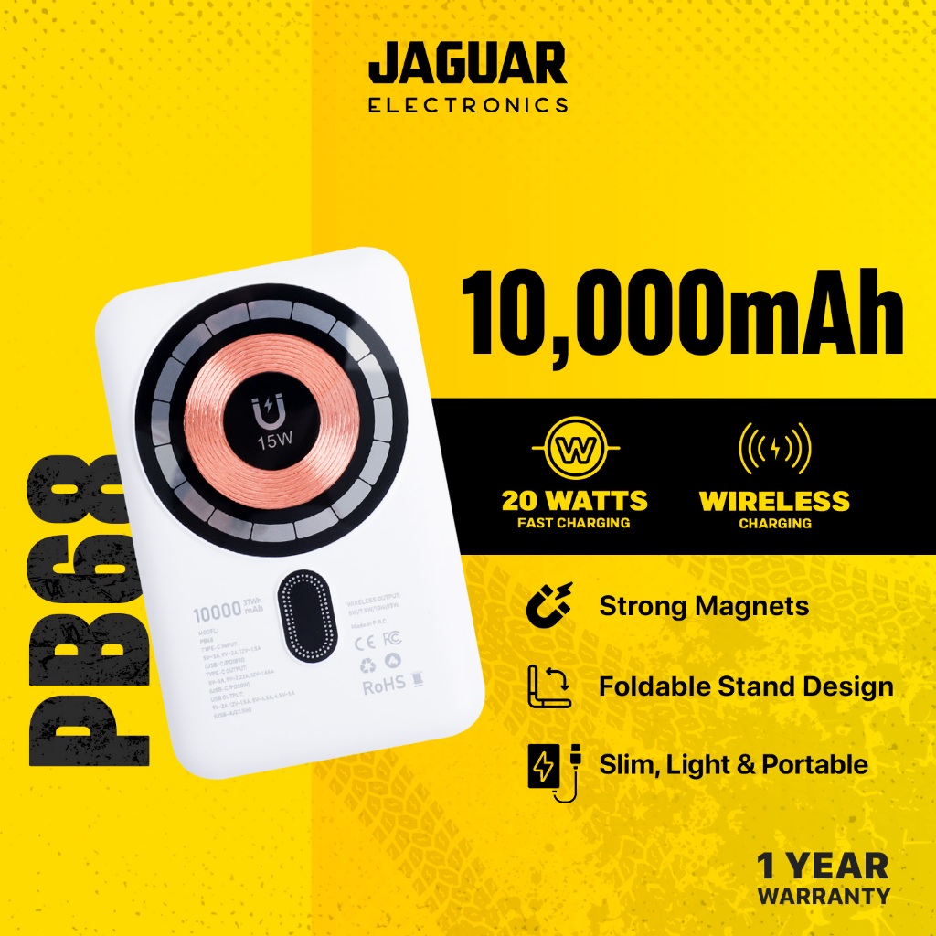 Jaguar Electronics PB68 Magnetic Wireless PowerBank with Foldable Stand PD20W 10000mAh Strong ...