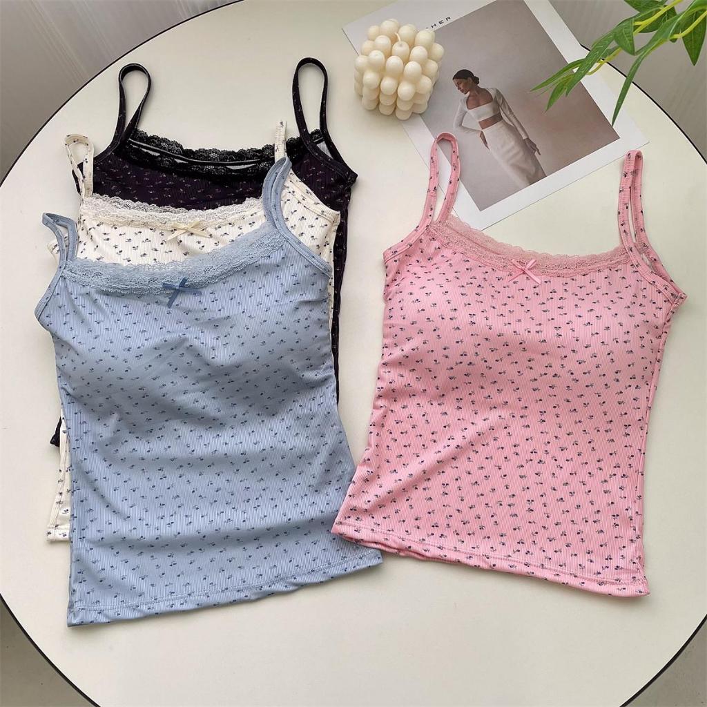 Y2K Sweet Girl Knitted Cotton Lace Sleeveless Top Summer Slim Ladies ...