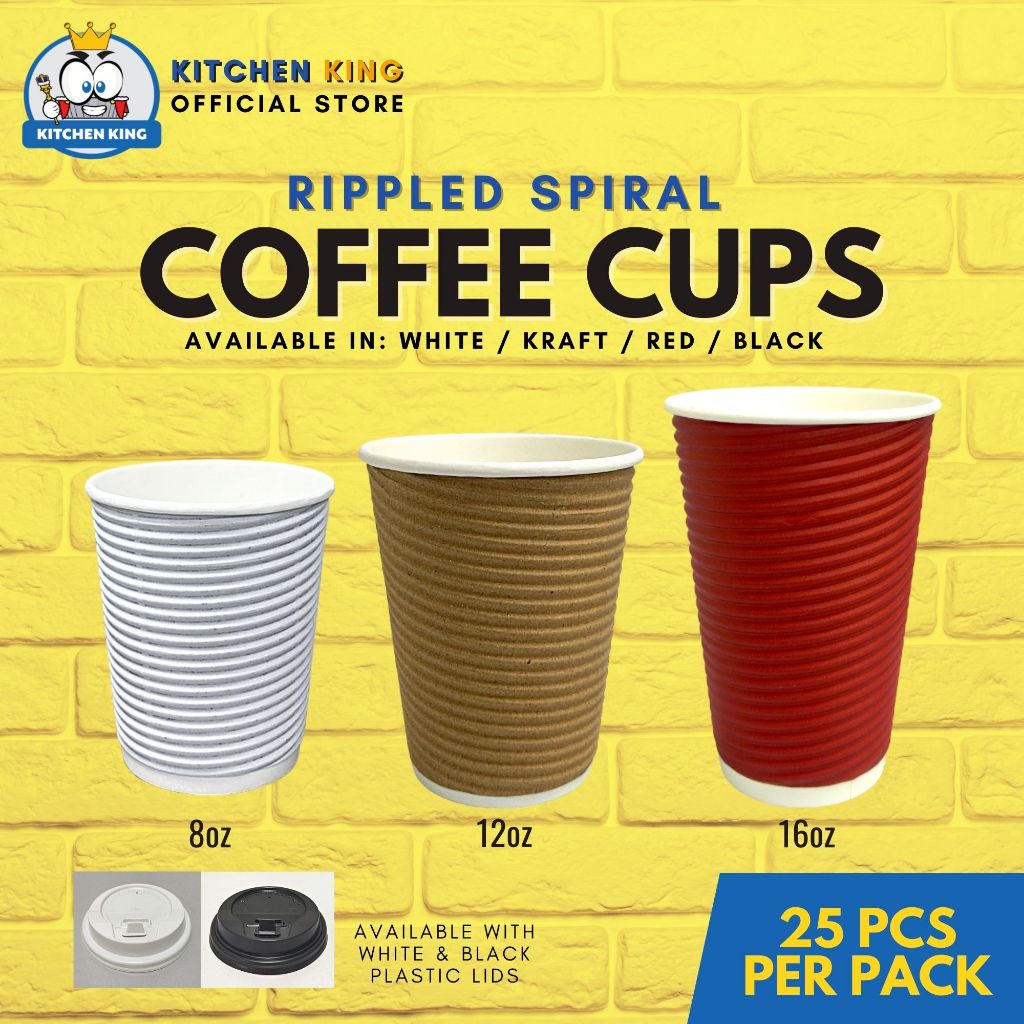 [25pcs] Rippled Wall Coffee Cup - 8oz / 12oz / 16oz [Black / Kraft ...