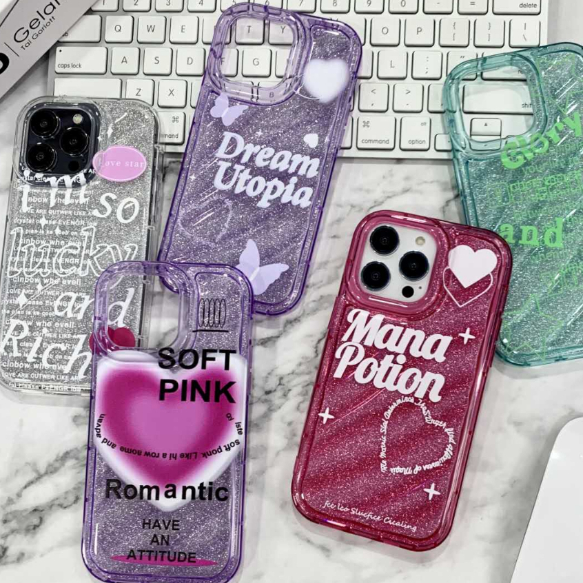 GLOSSY GLITTERED PHONE CASE W/ DESIGN FOR IPHONE 7G 8G 12 13 14 15 PRO ...