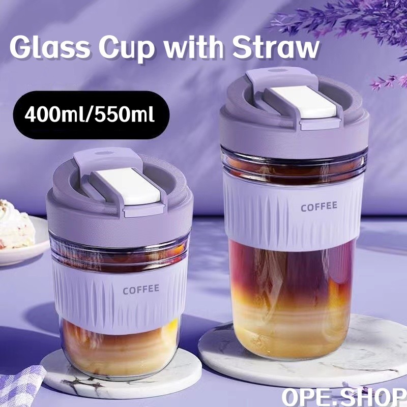 400/550ML Glass Cup with Straw Cover for Coffee Tumbler Dual Drinking ...