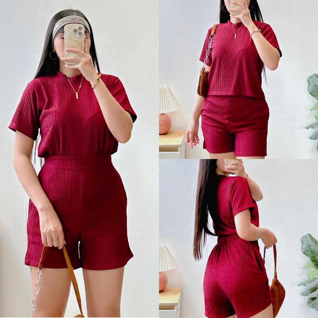 Ava Bark Crepe Round Neck Short Sleeve Top Terno Short Two Pockets ...