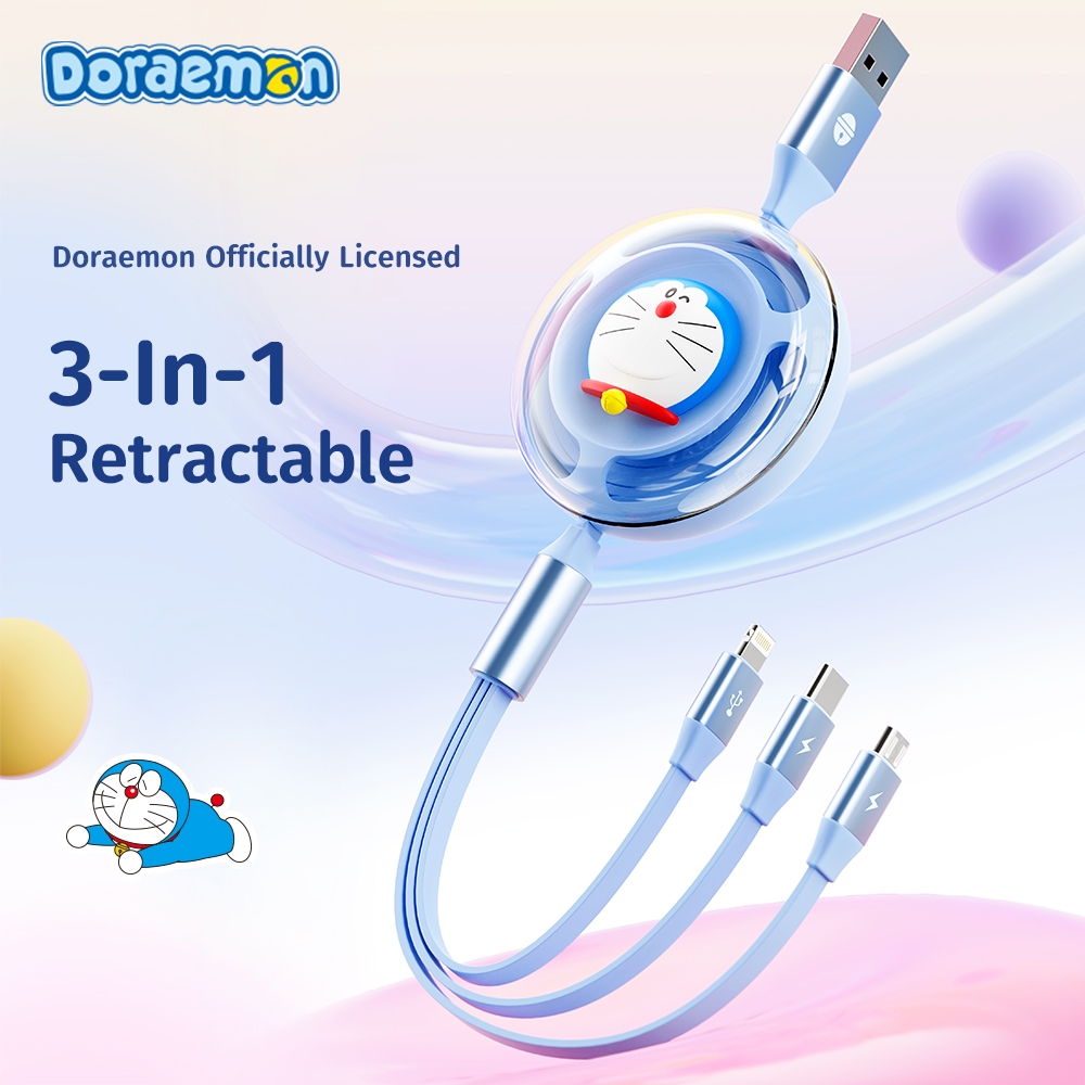 Rock Space Doraemon USB A TO L+M+C 3.5A Retractable 3-In-1 Charge & Sync Cable 1.1M Fast ...
