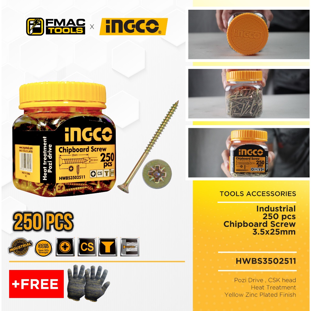 INGCO Industrial 250 pcs Chipboard Screw 3.5x25mm HWBS3502511 ...
