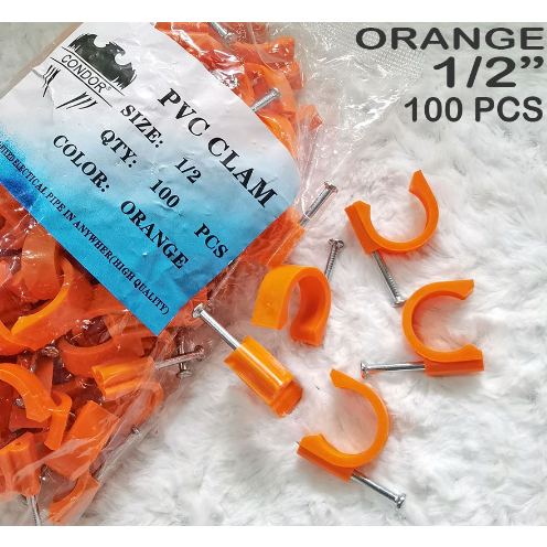 100 PCS PACK ORDINARY PVC Plastic Clamp Cable Pipe Clips Nail Orange ...