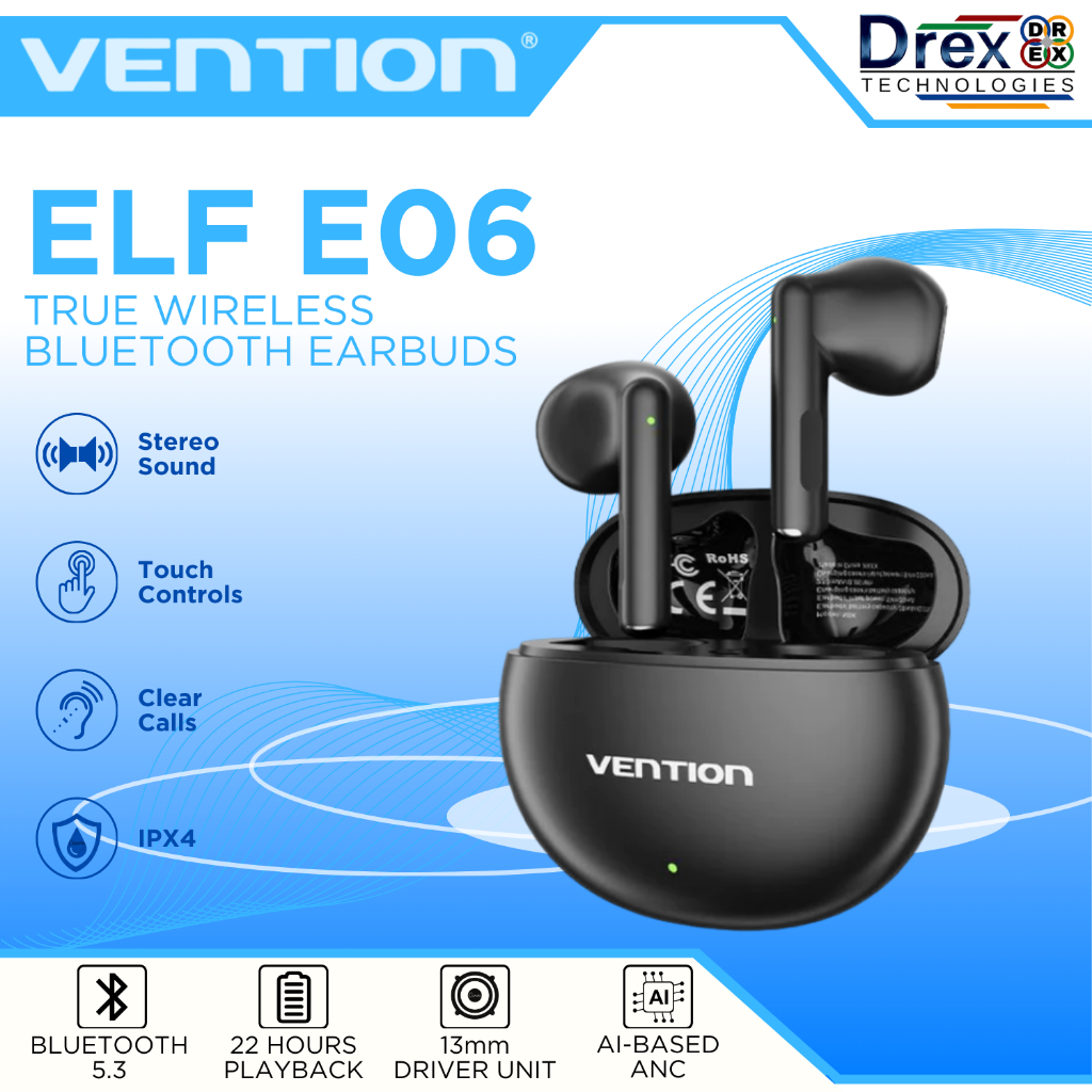 Vention ELF E06 True Wireless Bluetooth Earbuds (Black) | Shopee ...