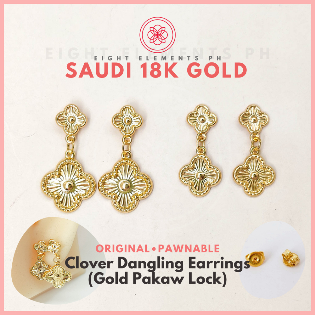 COD PAWNABLE 18k SAUDI GOLD Earrings Designer Clover Dangling Stud ...
