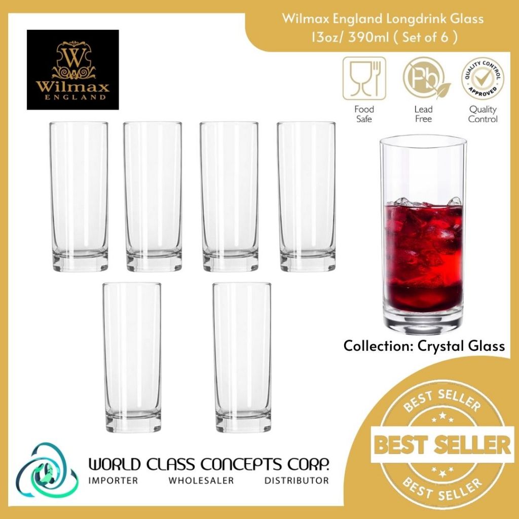 Wilmax England Longdrink Glass Drinking Clear Glass 13oz/ 390ml ( Set ...