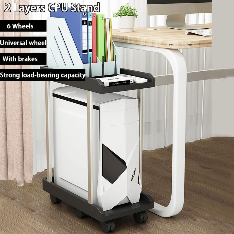 2 Layers Cpu Stand Rack With Rolling 6 Wheels Cpu Holder Under Desk Pc ...