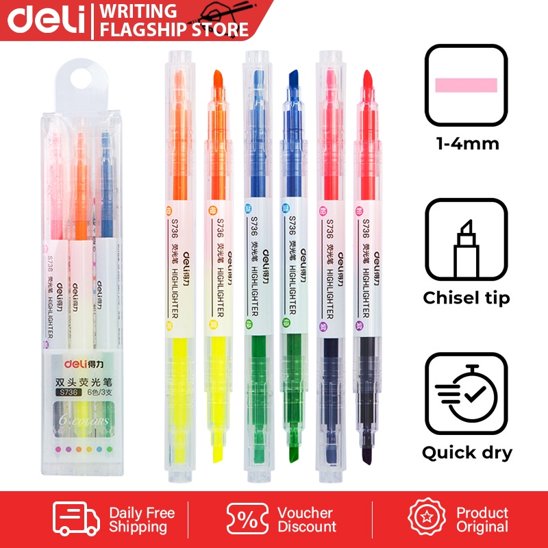 Deli Double Head Highlighter Pen 6 Colors 3 Pcs S736 | Shopee Philippines
