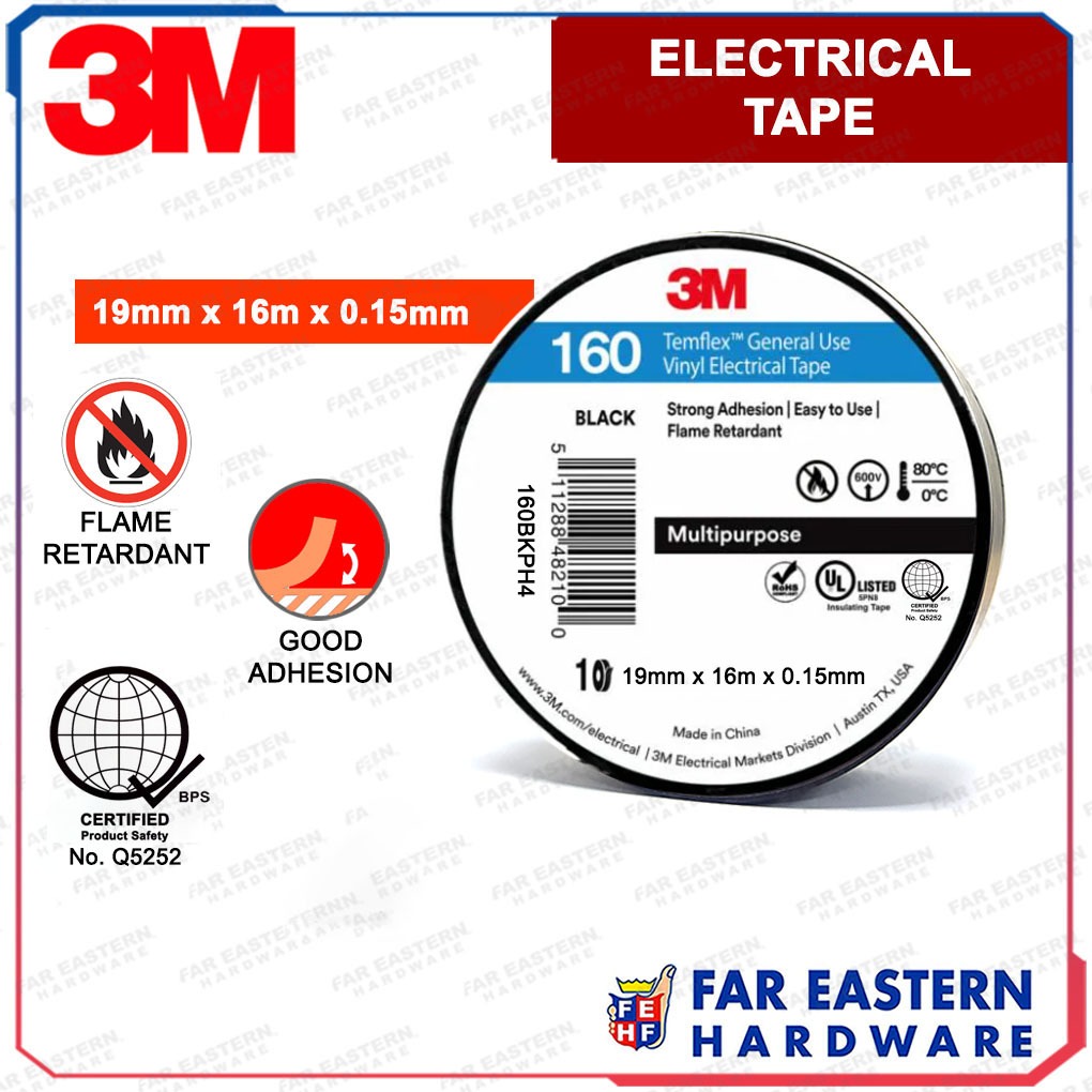 3M Electrical Tape Flame Retardant Black 19mm x 16m x 0.155mm Tartan ...